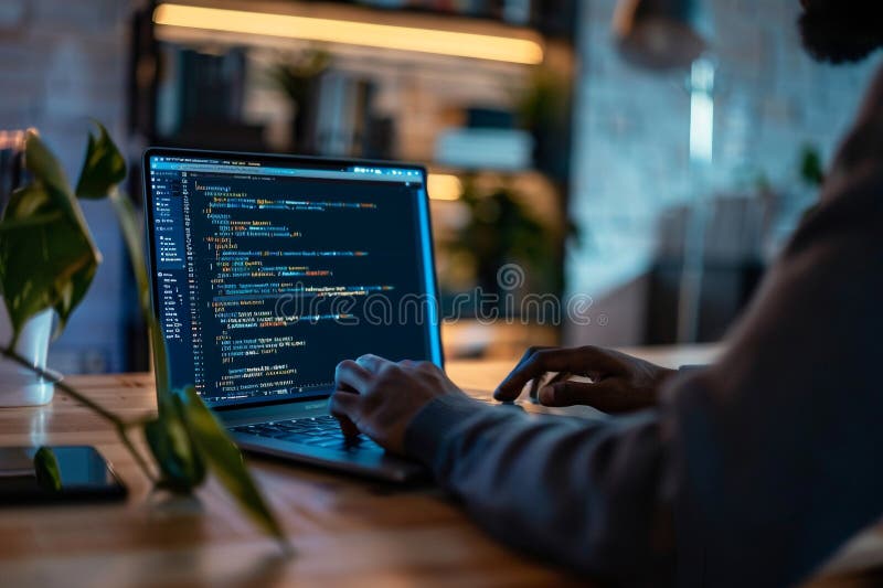 A Software Developer Coding on a Laptop for a Platform that Connects ...