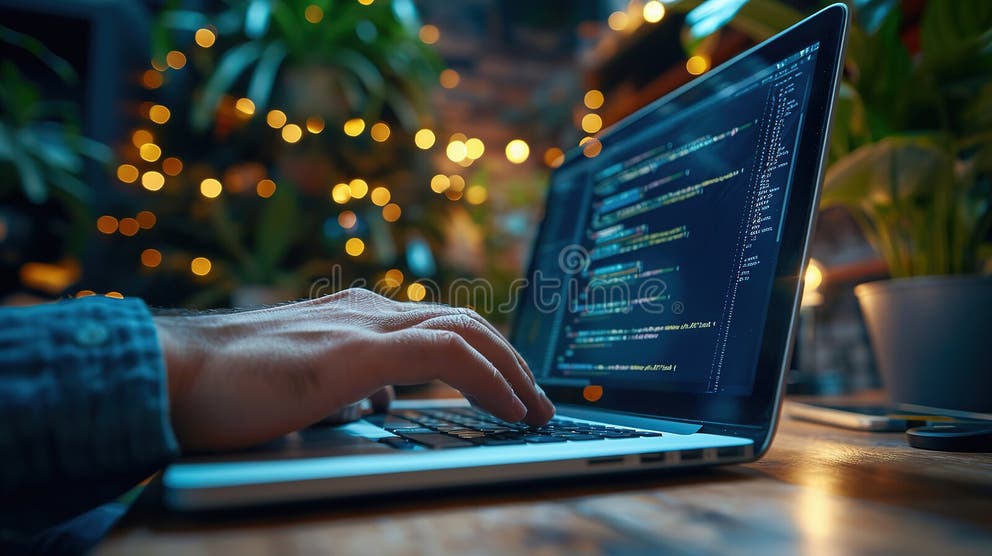 Software Developer Coding on Laptop while Seated at Cafe Workspace ...