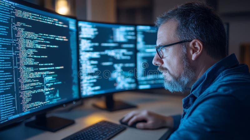 Software Developer Coding at Multi-monitor Workstation Stock ... Software Developer Coding at Multi-monitor Workstation Stock ...