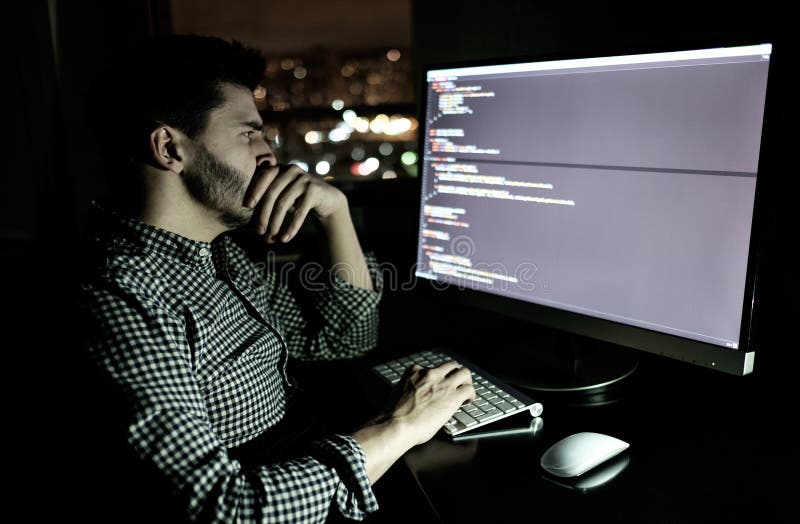 Software Developer Computer at Dark Home Office Stock Photo - Image of ...