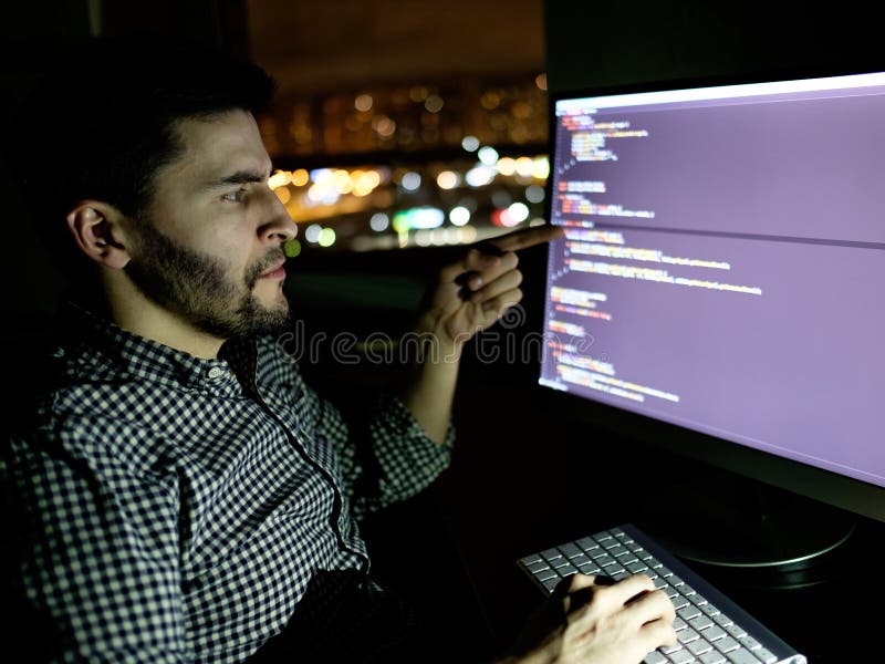 Software Developer Computer at Dark Home Office Stock Photo - Image of ...
