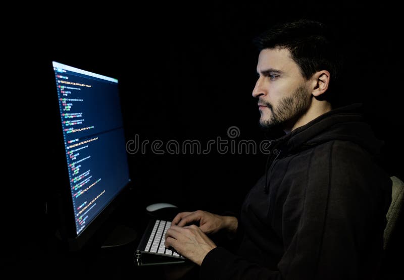 Software Developer Computer at Dark Home Office Stock Photo - Image of ...