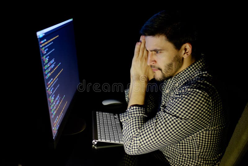 Software Developer Computer at Dark Home Office Stock Photo - Image of ...