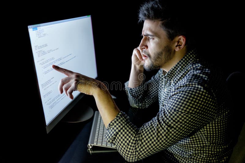 Software Developer Computer at Dark Home Office Stock Image - Image of ...