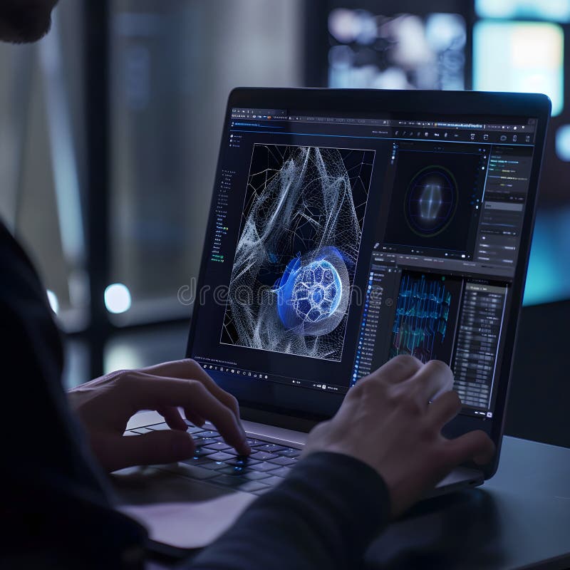 Software Developer Creating Abstract Digital Art Using Laptop in Office ...