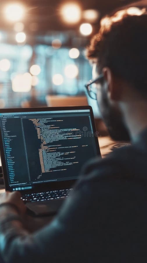 Software Developer in a Dimly Lit Workspace Coding on a Laptop with ... Software Developer in a Dimly Lit Workspace Coding on a Laptop with ...