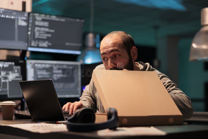 Software Developer Eating Pizza from Takeaway Stock Image - Image of ...