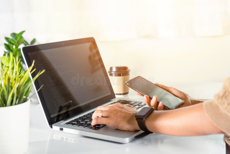 Software Developer Hands Typing Data Coding Programming Javascript With Laptop Computer Stock