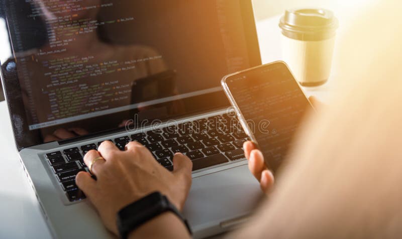 Software Developer Hands Typing Data Coding Programming Javascript With Laptop Computer Stock