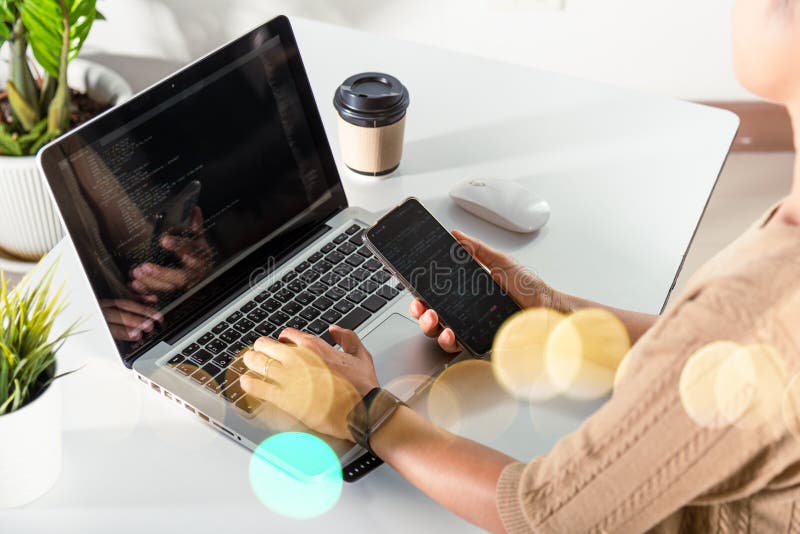 Software Developer Hands Typing Data Coding Programming Javascript With Laptop Computer Stock
