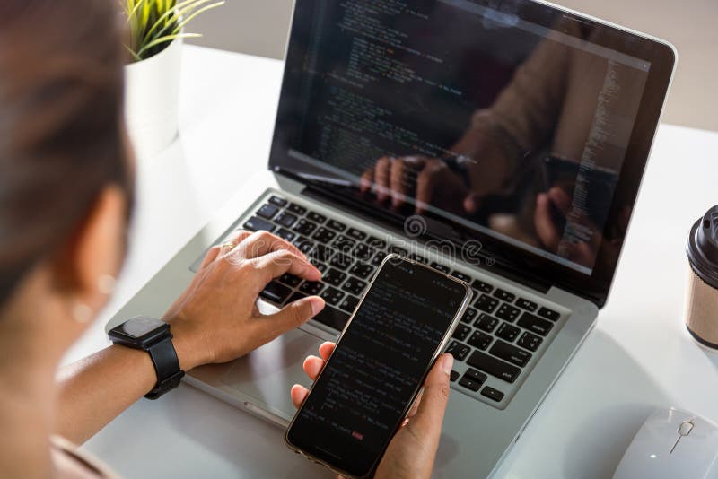 Software Developer Hands Typing Data Coding Programming Javascript With Laptop Computer Stock
