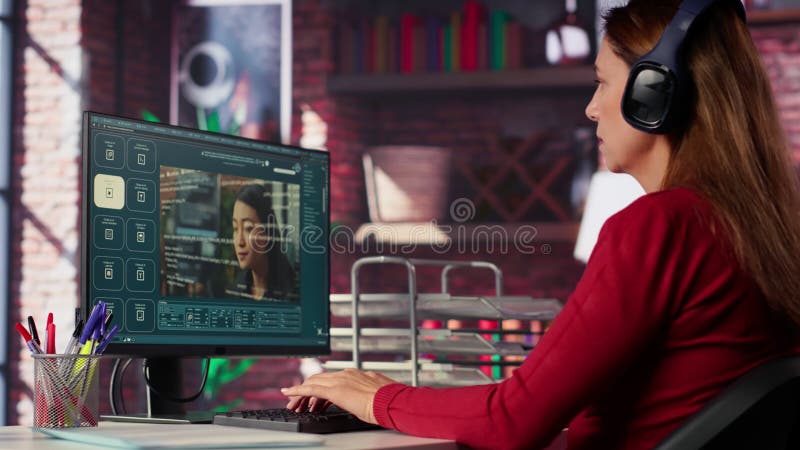 Software Developer at Home Office Coding on Desktop Using AI Powered Script Stock Footage ...