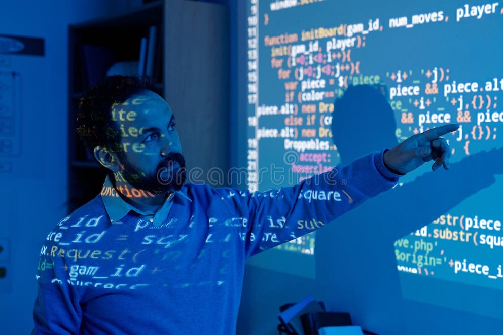 Software Developer Interacting With Projected Code Stock Image Image