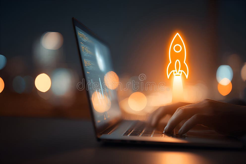 Software Developer Launching Business Startup with Rocket Symbol from ...