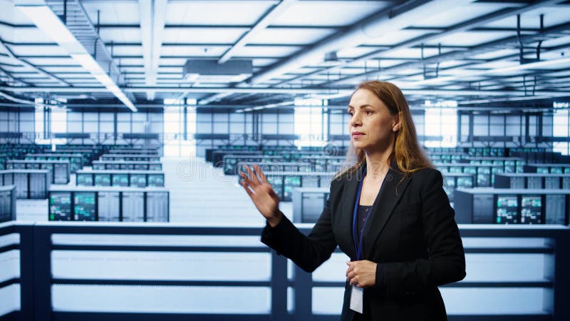 Software Developer Looking at Holograms in Data Center, Monitoring ...