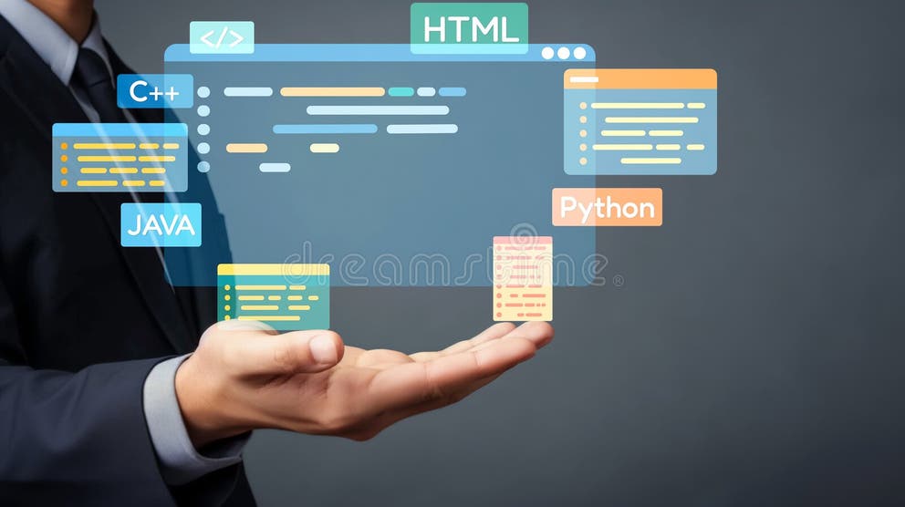 Software Developer Work With Coding Overlays Of Programming Languages