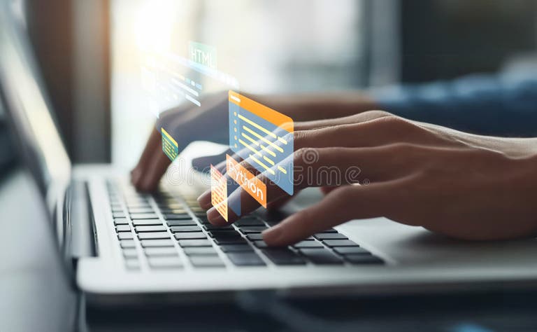 Software Developer Work With Coding Overlays Of Programming Languages