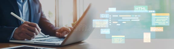 Software Developer Work With Coding Overlays Of Programming Languages