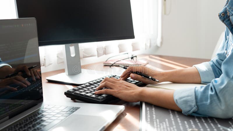 Software Developer Or Programmer Working Data Debugging Improvement Binary Algorithm On Desktop
