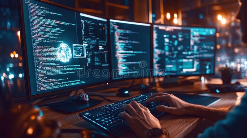 Software Developer Programming on Computer with Multiple Monitors Showing Code Stock Image ...