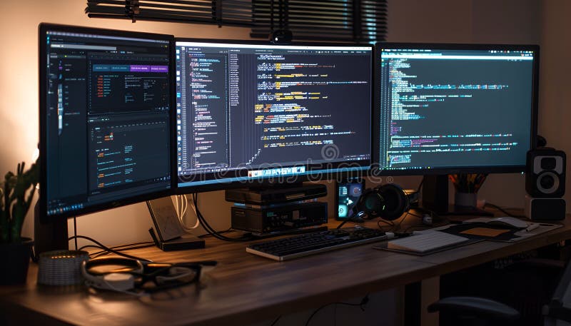 Software Developer S Workstation With Monitors Displaying Code And Data