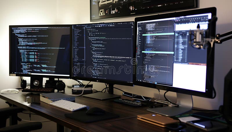 Software Developer S Workstation With Monitors Displaying Code And Data Stock Illustration