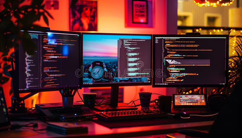 Software Developer S Workstation With Monitors Displaying Code And Data