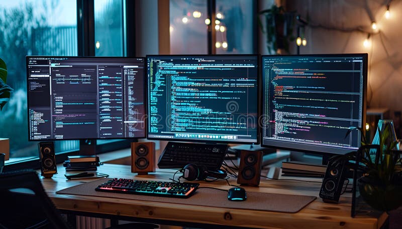 Software Developer S Workstation With Monitors Displaying Code And Data Stock Illustration