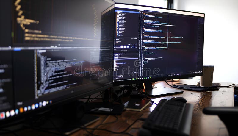 Software Developer S Workstation With Monitors Displaying Code And Data