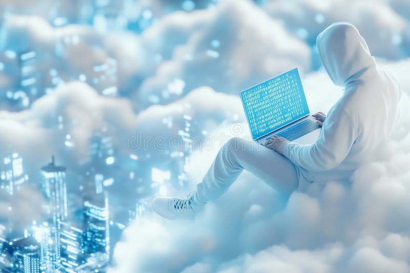 A Software Developer Sits Comfortably on a White Fluffy Cloud, Immersed ...