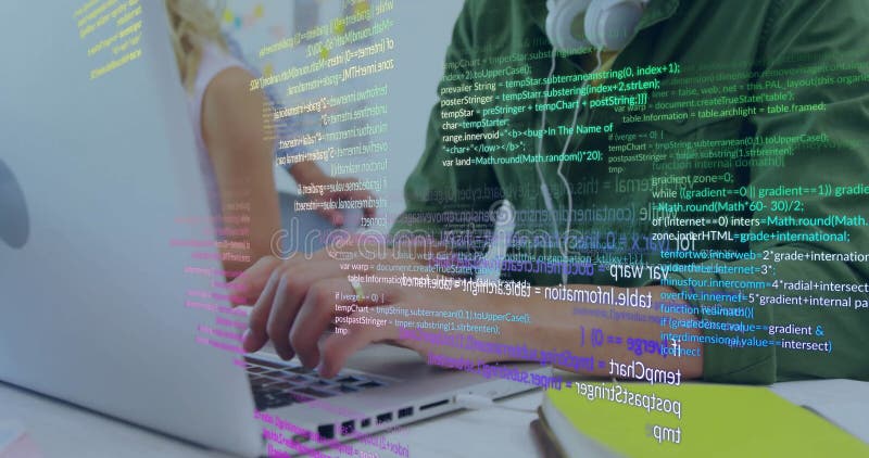 Software Developer Typing Code on Laptop Causing Overlay Intensifying and Coworker Holding ...