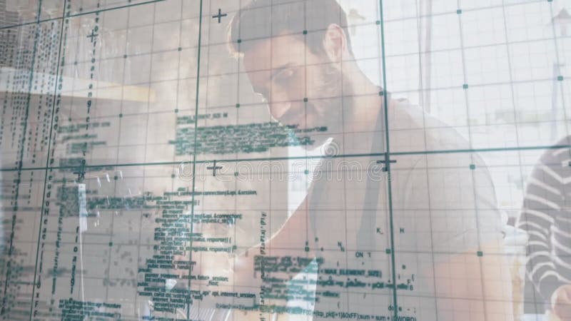 Software Developer Typing Code on Laptop with Grid Overlay, Coffee and ...