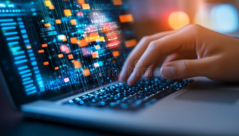 Software Developer Typing Code on Laptop Keyboard with Abstract Technology Ui Stock Photo ...