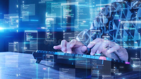 Software Developer Typing on a Keyboard, with Digital Codes and Abstract Programming Languages ...