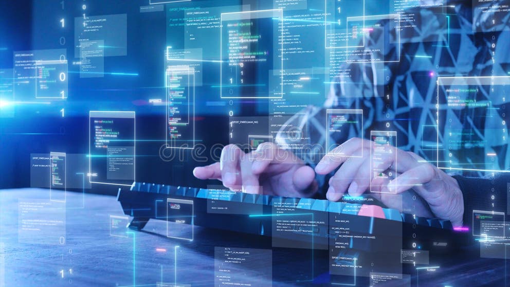Software Developer Typing on a Keyboard, with Digital Codes and ...