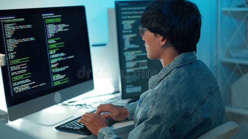 Software Developer Using Keyboard Debugging Code Programming Task Monitor Screen System ...