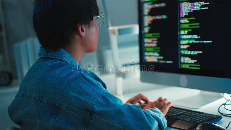 Software Developer Using Keyboard Debugging Code Task Programming System Dual Monitor Screen ...