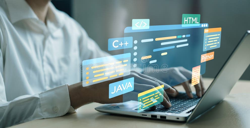 Software Developer Work with Coding Overlays of Programming Languages ...