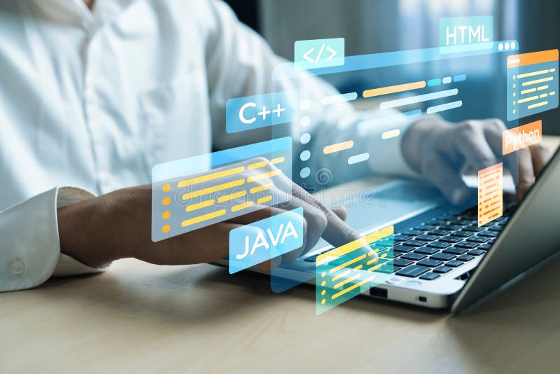 Software Developer Work with Coding Overlays of Programming Languages ...