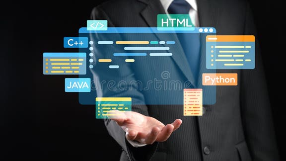 Software Developer Work With Coding Overlays Of Programming Languages