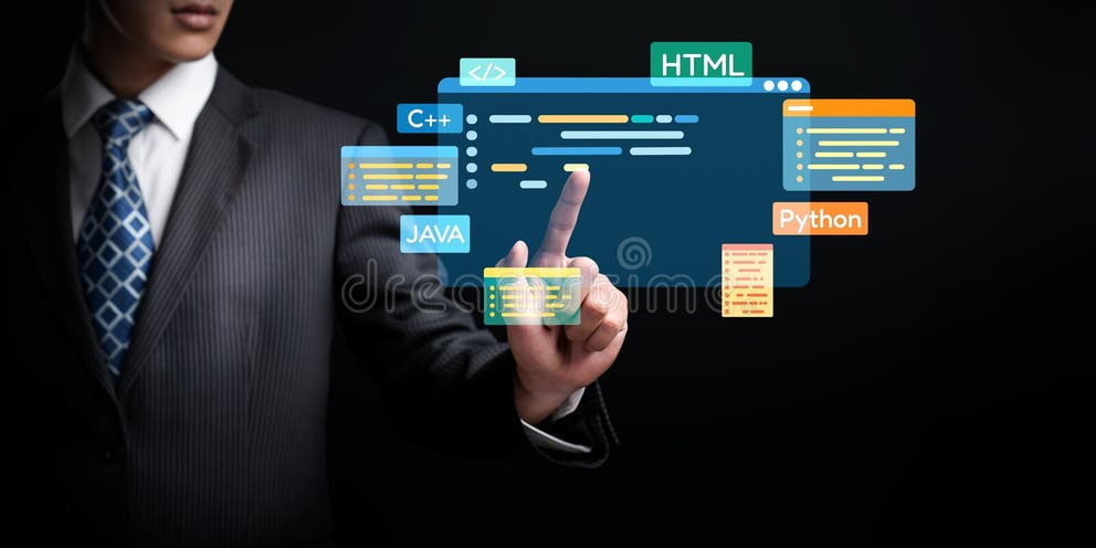 Software Developer Work With Coding Overlays Of Programming Languages