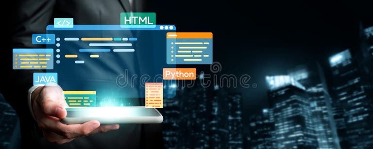 Software Developer Work With Coding Overlays Of Programming Languages