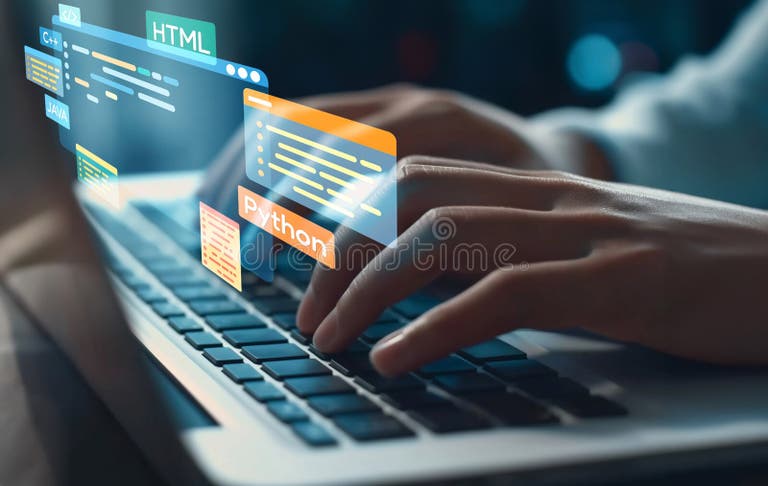 Software Developer Work With Coding Overlays Of Programming Languages