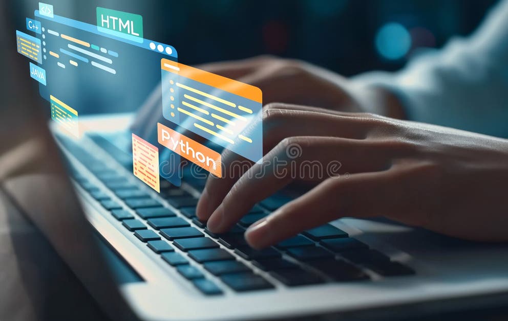 Software Developer Work With Coding Overlays Of Programming Languages