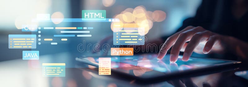 Software Developer Work With Coding Overlays Of Programming Languages Eide Stock Image Image