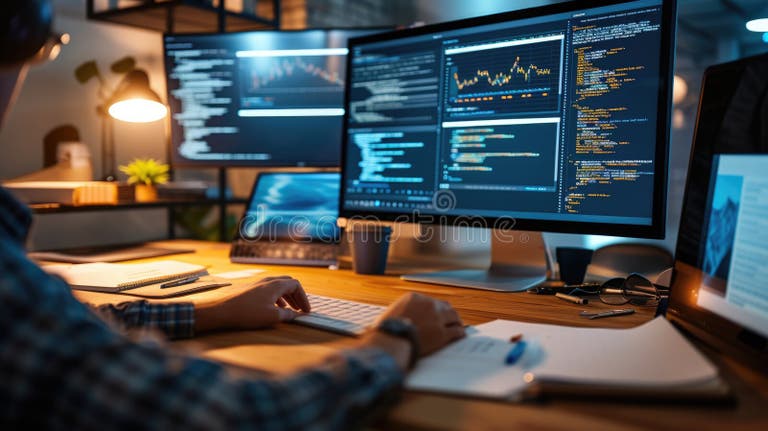 Software Developer Working on Code in Dual Monitor Setup AIG41 Stock ...