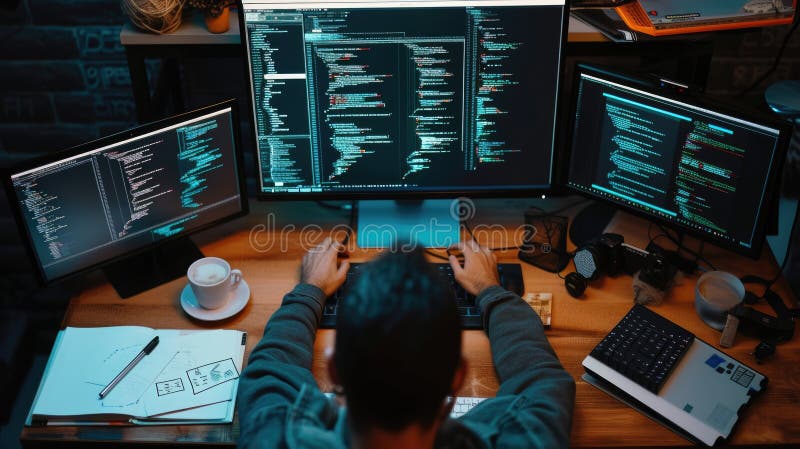 Software Developer Working On Code In Dual Monitor Setup Aig41 Stock Image Image Of