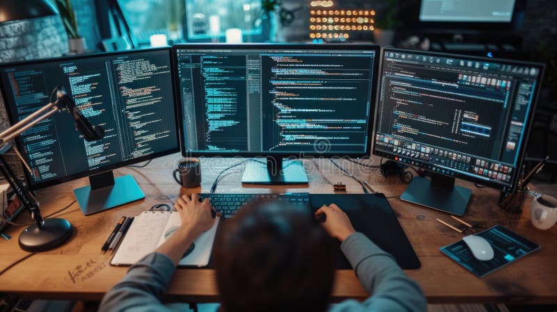 Software Developer Working On Code In Dual Monitor Setup Aig41 Stock Image Image Of Generated