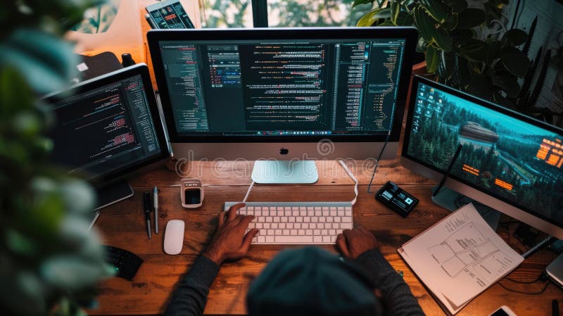 Software Developer Working On Code In Dual Monitor Setup Aig41 Stock Image Image Of Engineer