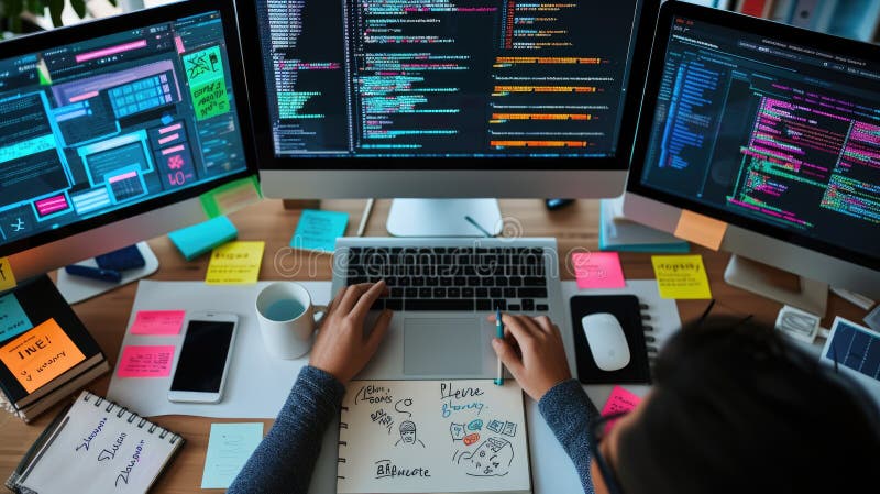 Software Developer Working On Code In Dual Monitor Setup Aig41 Stock Image Image Of Interface